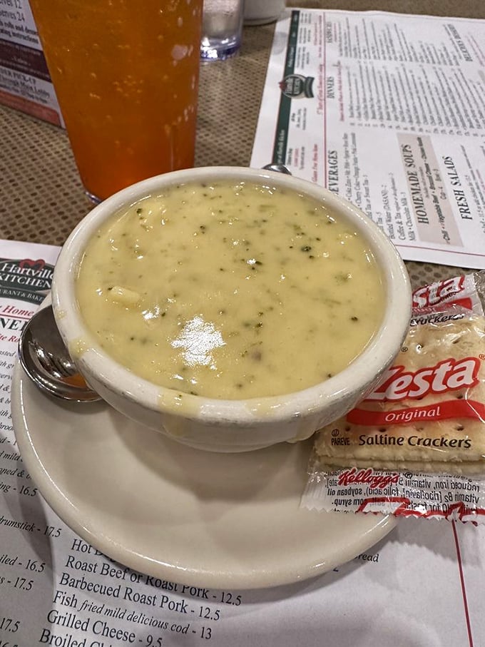 This broccoli cheese soup isn't just a starter—it's a warm, creamy embrace in a bowl, complete with saltines standing by for dunking duty.