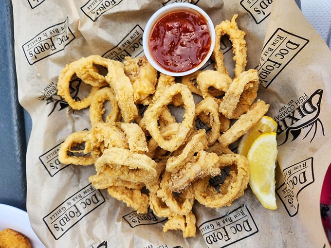Tender rings of the sea arrive golden and crispy, like Neptune's own onion rings.