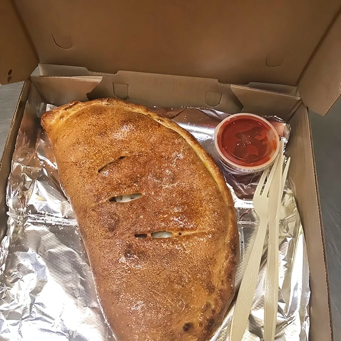 The golden-brown calzone, a magnificent half-moon of dough and fillings, comes with marinara for essential dipping. Portable pizza perfection!
