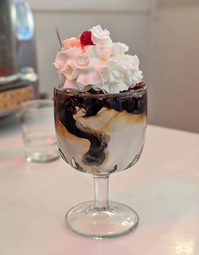 Ice cream architecture at its finest. This sundae isn't just dessert—it's a structural marvel of sweet engineering topped with a cloud of whipped cream.