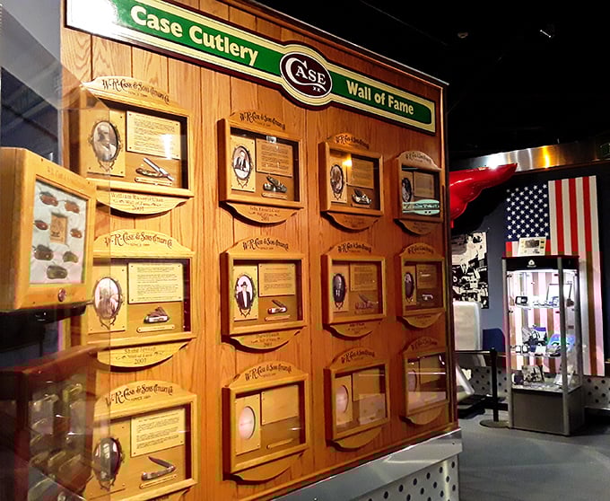 The Case Cutlery Wall of Fame honors the artisans behind the blades—craftspeople whose skills have been sharpened across generations like the knives they create.
