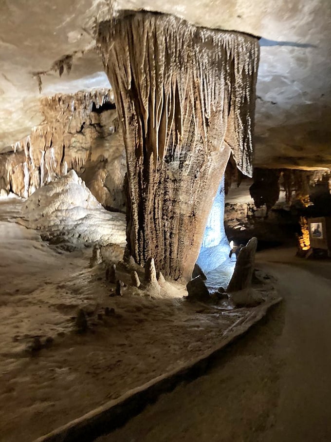 Stalactites reaching down like the fingers of time itself. They grow at roughly one cubic inch per century—talk about the ultimate slow-motion video!