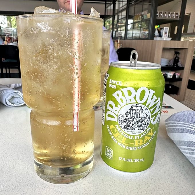 Dr. Brown's Cel-Ray soda – because sometimes your sandwich needs a celery-flavored dance partner from Brooklyn.