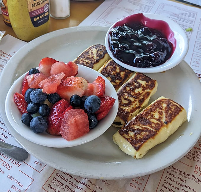 Cheese blintzes with fresh fruit that would make your grandmother nod in approval, even if she's not Jewish.