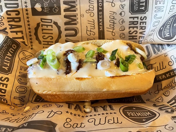 This isn't just a chili dog—it's a masterpiece of contrasts, where the soft bun cradles spicy chili and the scallions add a fresh punctuation mark.