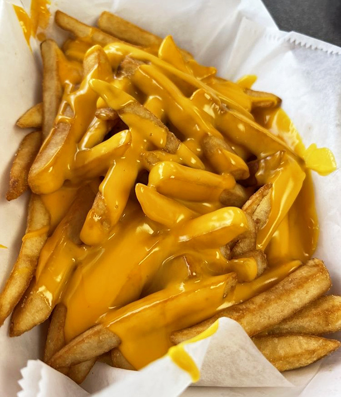 These cheese fries aren't just a side dish – they're a golden, gooey commitment to excess that makes no apologies and needs no explanation.
