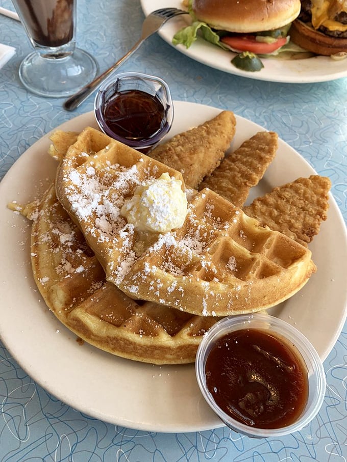 Golden waffles and crispy chicken – proof that some of life's greatest pleasures come from unexpected combinations.