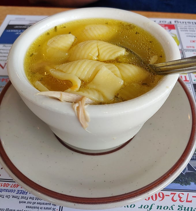 Chicken noodle soup like your grandmother would make if she had decades of diner experience and something to prove to the world.