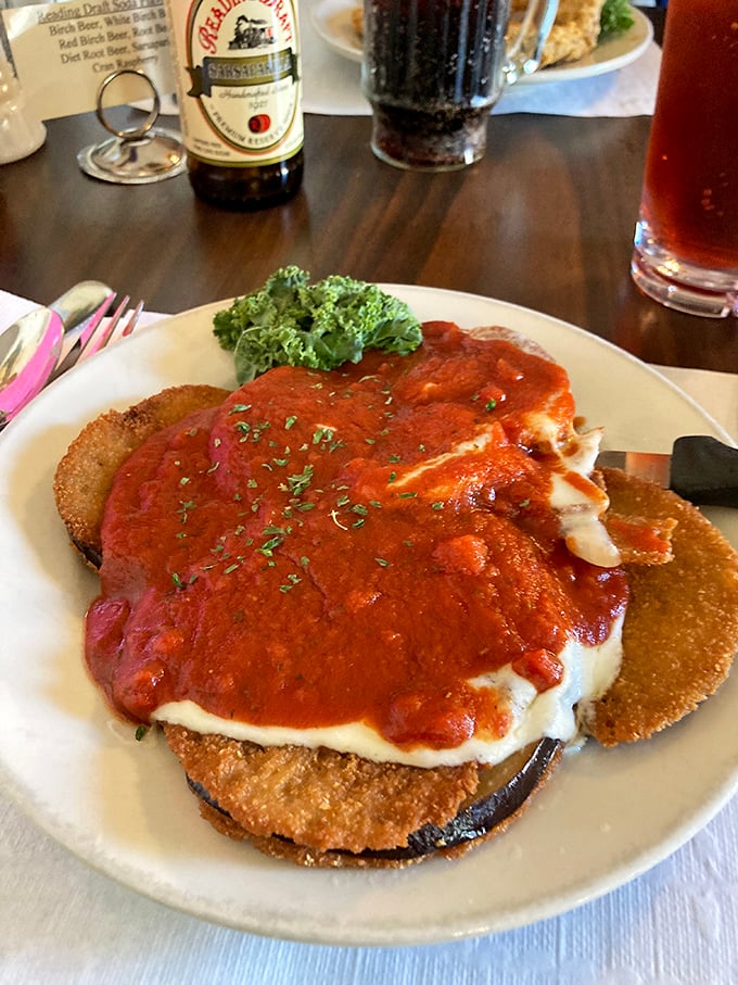 This isn't just eggplant parmesan—it's a monument to the transformative power of breading, frying, and melted cheese. The sauce adds a tangy exclamation point.