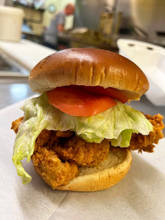 The humble chicken sandwich elevated to art form—a generous portion of crispy chicken breast with fresh veggies on a soft bun that puts fast food to shame.