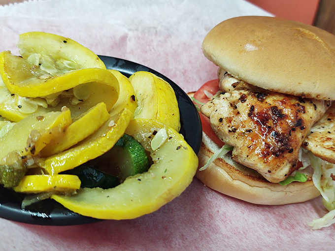 A chicken sandwich that doesn't need a social media team—just fresh ingredients and those house-made pickled vegetables that brighten everything they touch.