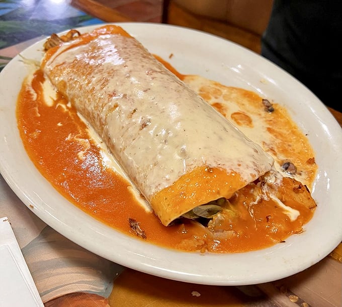 This burrito isn't just wrapped—it's embraced by that sunset-colored sauce that's practically begging to be sopped up.