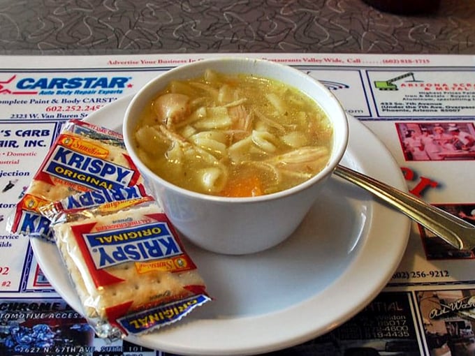 Chicken noodle soup that would make your grandmother nod in approval—served with crackers that have been solving soup emergencies since 1952.