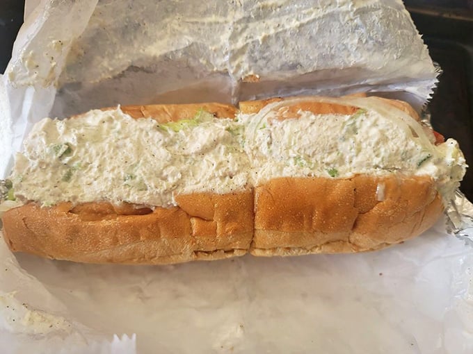 The chicken salad sub looks like something your favorite aunt would make—generously stuffed and completely devoid of pretension.