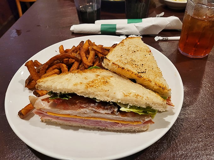 A sandwich stacked higher than your weekend to-do list, with crispy fries that demand equal attention.