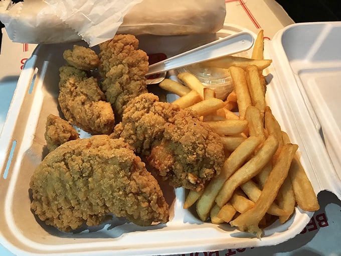 Crispy chicken tenders that would make your grandmother proud, served with all the fixings.
