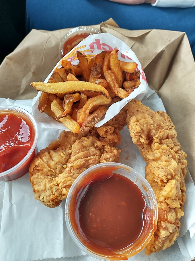 Chicken tenders and fries with dipping sauce—proof that sometimes the simplest pleasures are the most profound. Proust had his madeleine; I have these.
