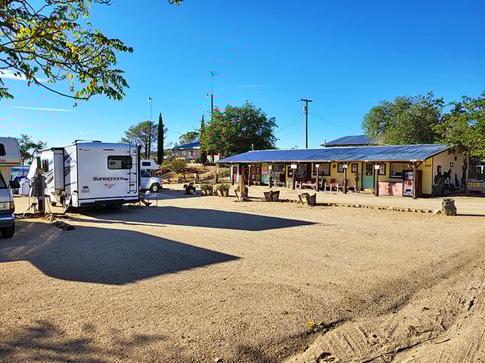 The Chloride Western RV Park – where modern nomads park their homes-on-wheels beside buildings that have weathered a century of desert seasons.