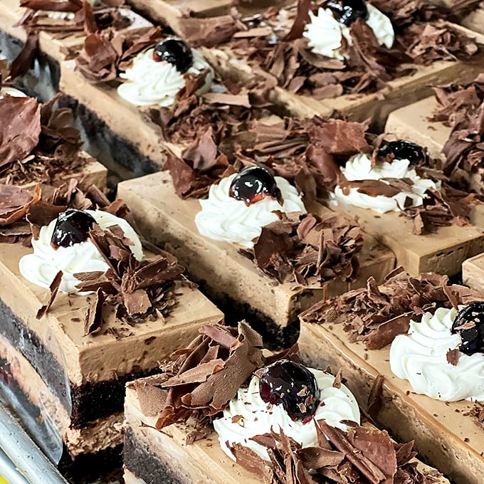Chocolate mousse squares topped with chocolate shavings and cherries—because sometimes one form of chocolate simply isn't enough for the situation at hand.