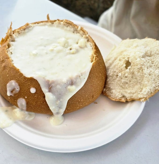 8. clam chowderClam chowder served in a sourdough bread bowl—the edible vessel that turns soup into an interactive eating adventure. Comfort food that hugs you from the inside.