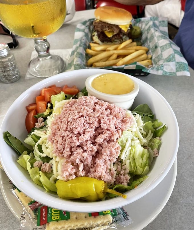 This chef salad isn't trying to win any beauty contests, but it might just win your heart with its no-nonsense, generous approach to lunch.