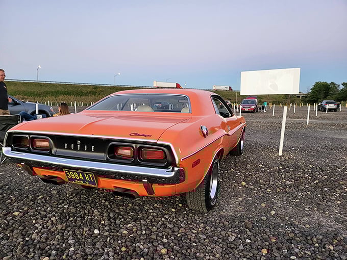 Classic cars and classic films—this vintage Dodge Challenger isn't just transportation; it's the perfect throne from which to experience cinema history.