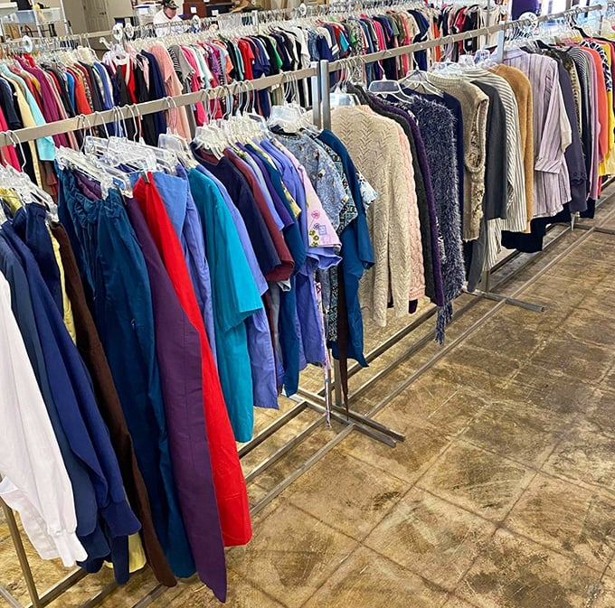 Color-coded clothing racks make hunting for your size a breeze. That perfect blue dress isn't just affordable—it's already broken in for comfort.