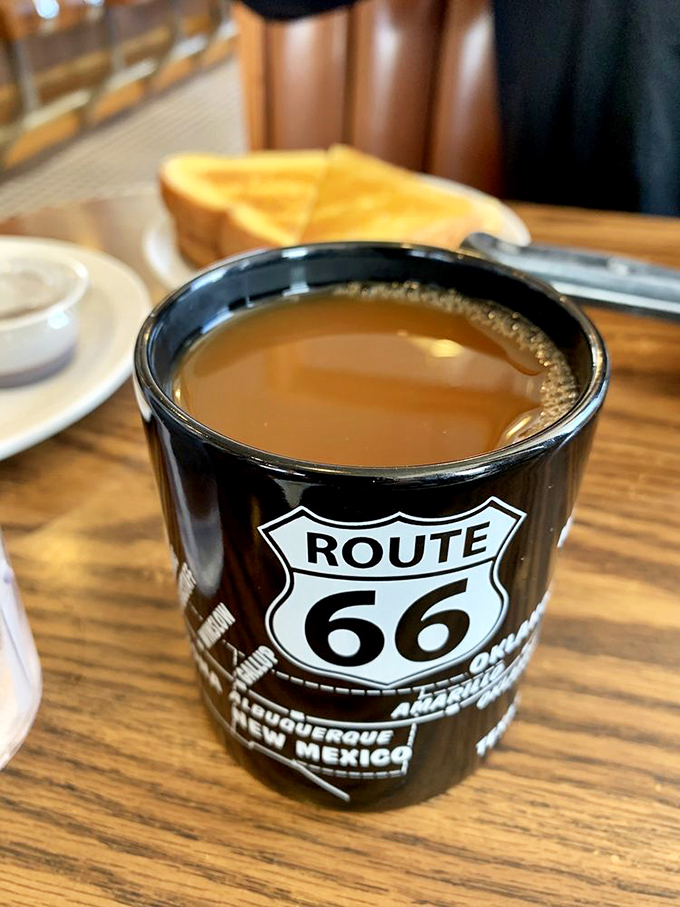 Coffee served in a Route 66 mug – because regular cups just don't have the backbone to handle diner brew this serious.