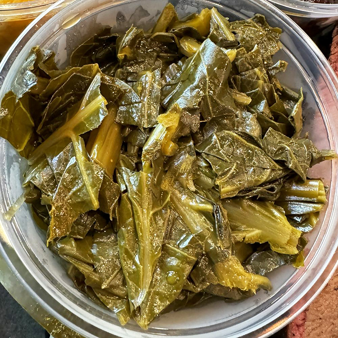 These collard greens have clearly lived their best life, slowly simmered to silky perfection with porky undertones that whisper sweet nothings to your palate.