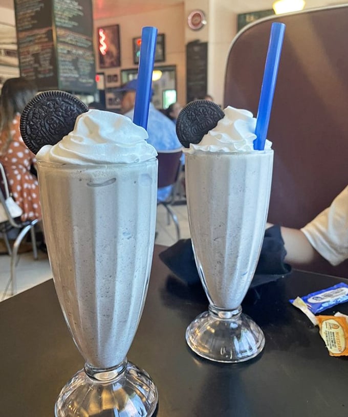 Cookies and cream milkshakes topped with Oreos—proof that sometimes the simplest pleasures are the most transcendent.