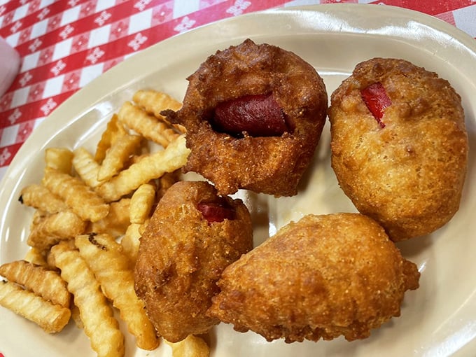 Corn dog nuggets and crinkle fries—proof that sometimes the simplest pleasures at a barbecue joint aren't even barbecue. Golden, crispy nostalgia.