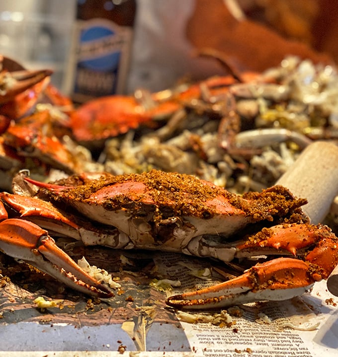 Old Bay-crusted blue crabs in their full glory—the dish that launches a thousand napkins. This is why Marylanders develop forearm muscles that would make Popeye jealous.