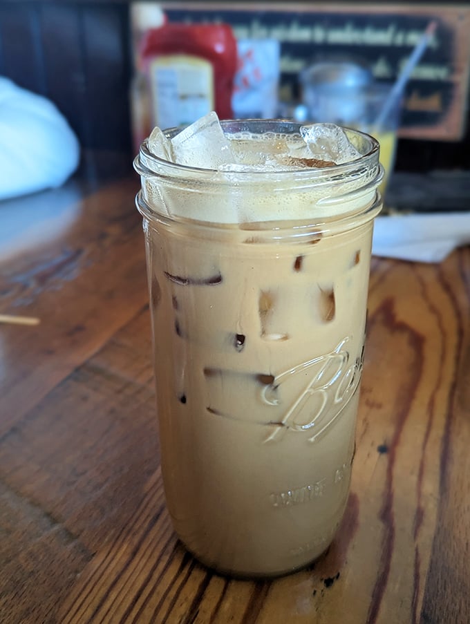 Coffee gets dressed up for the occasion in this Mason jar of creamy, ice-cold caffeination that makes your regular morning brew seem positively naked.