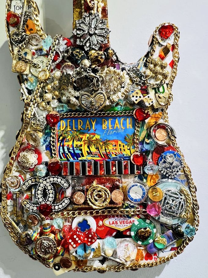 This bedazzled guitar isn't just an instrument—it's a Delray Beach autobiography in rhinestones and memorabilia. Folk art meets rock and roll!