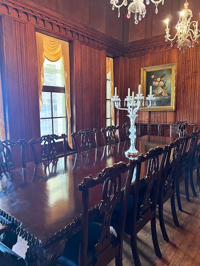 Not your average dinner party setting—unless your average includes crystal chandeliers, rich woodwork, and conversations with suits of armor.