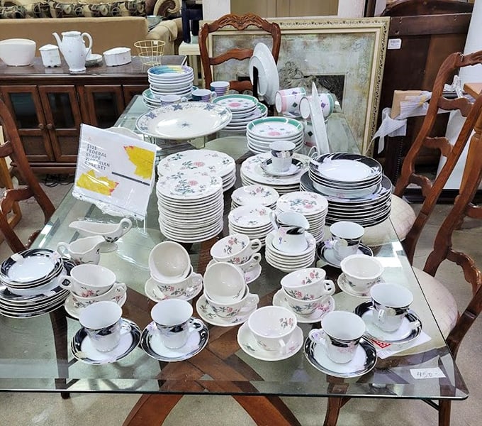 China patterns galore! Enough elegant dishware to host a royal tea party or finally replace that plate your nephew accidentally launched across the kitchen last Thanksgiving.