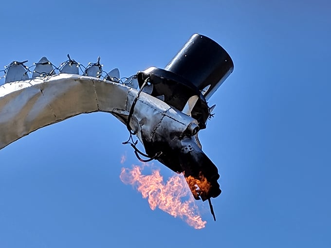 The payoff moment! Genuine flames shoot dramatically from the dragon's mouth, turning skeptics into believers with each fiery burst.
