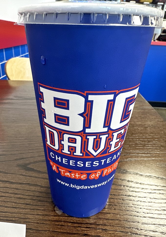 The cup says it all—this is Big Dave's territory. Even the beverages wear team colors in this temple of Philadelphia-inspired sandwich worship.