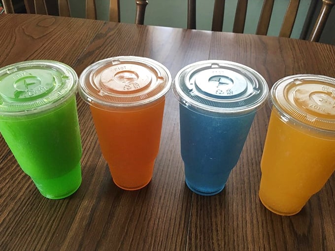 The technicolor dream drinks—where childhood nostalgia meets adult-sized thirst. Electric hues that would make Andy Warhol proud.