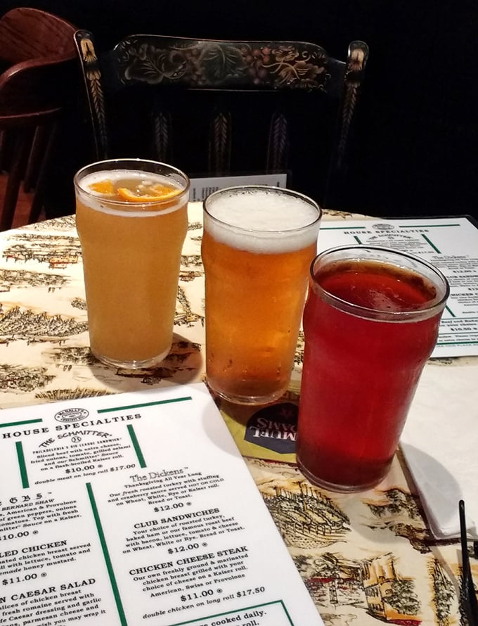 Three glasses of liquid happiness await their starring role in your meal. Beer and conversation—a pairing as old as civilization itself. 