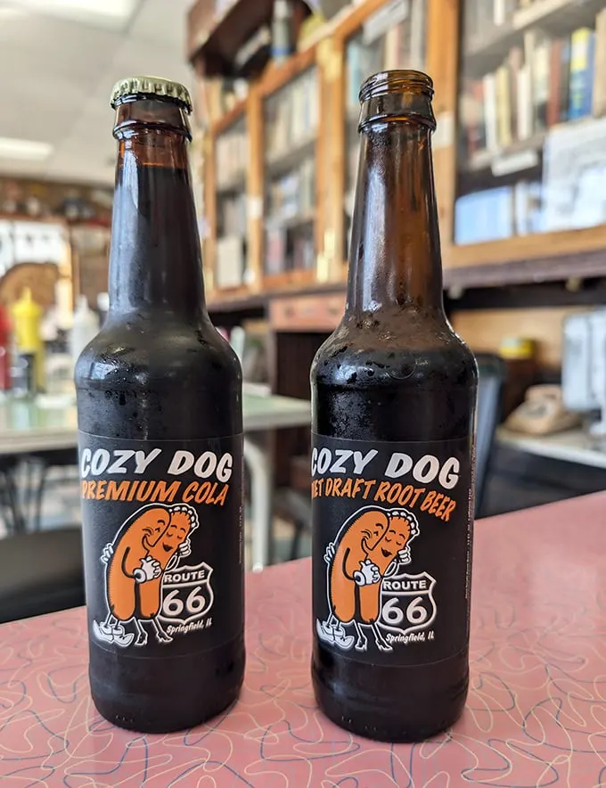 Cozy Dog's branded sodas—because nothing washes down Route 66 nostalgia quite like a custom root beer that doesn't need a hipster backstory to taste good.