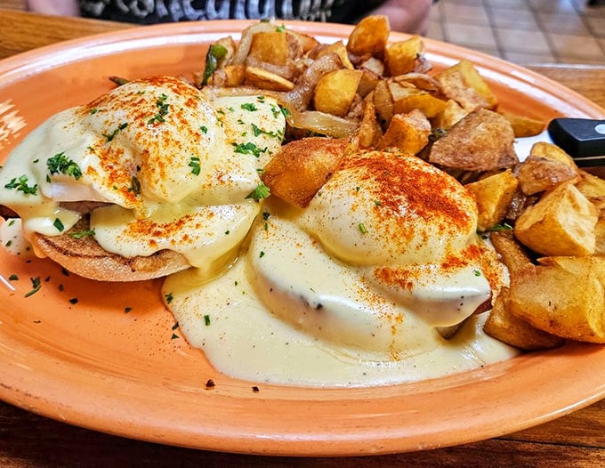 Eggs Benedict reimagined with architectural precision—hollandaise cascading like a creamy waterfall over perfectly poached eggs and crispy English muffins.