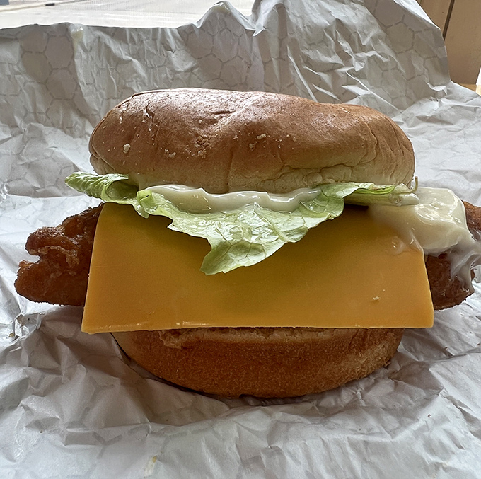 Crispy on the outside, tender within—this fish sandwich proves that seafood can find happiness hundreds of miles from any ocean.