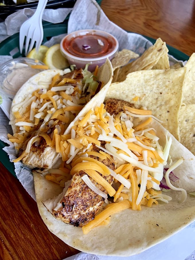 Fish tacos that bring together the best of land and sea—like a delicious peace treaty between two delicious worlds, topped with enough cheese to make Wisconsin proud.