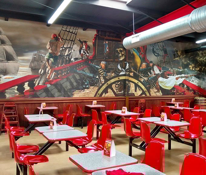The pirate-themed food court offers a place to rest weary shopping legs while plotting your next retail adventure over nachos and lemonade.