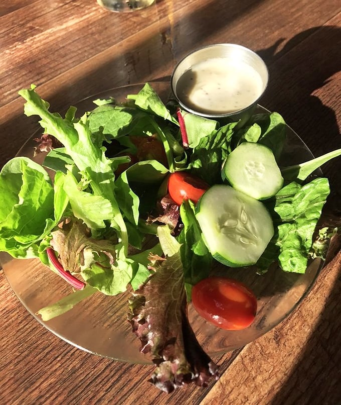 Even the garden salad gets the royal treatment—crisp greens, vibrant tomatoes, and cucumber slices arranged like they're posing for a magazine cover.