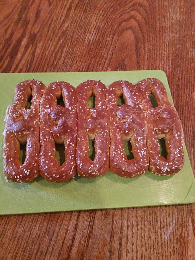 The iconic Philly pretzel shape—more rectangular than its Bavarian cousins—lined up like delicious dominos waiting to brighten someone's day. 