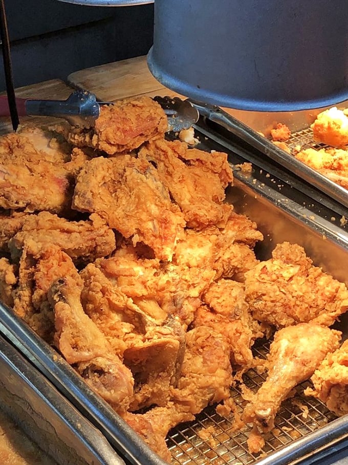 Golden-brown fried chicken that crackles with each bite. Colonel Sanders would hang up his white suit in defeat after tasting this.