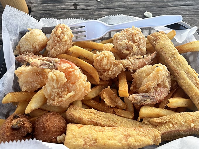 Fried shrimp and fries—comfort food with a coastal upgrade. These golden crustaceans make chicken nuggets weep with inadequacy.