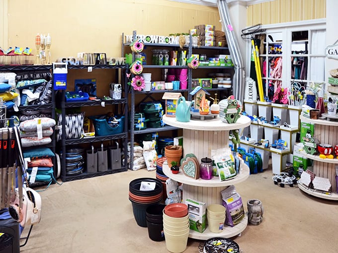 Garden supplies and home decor mingle in a display that makes you wonder if your patio has been severely underdressed all these years.